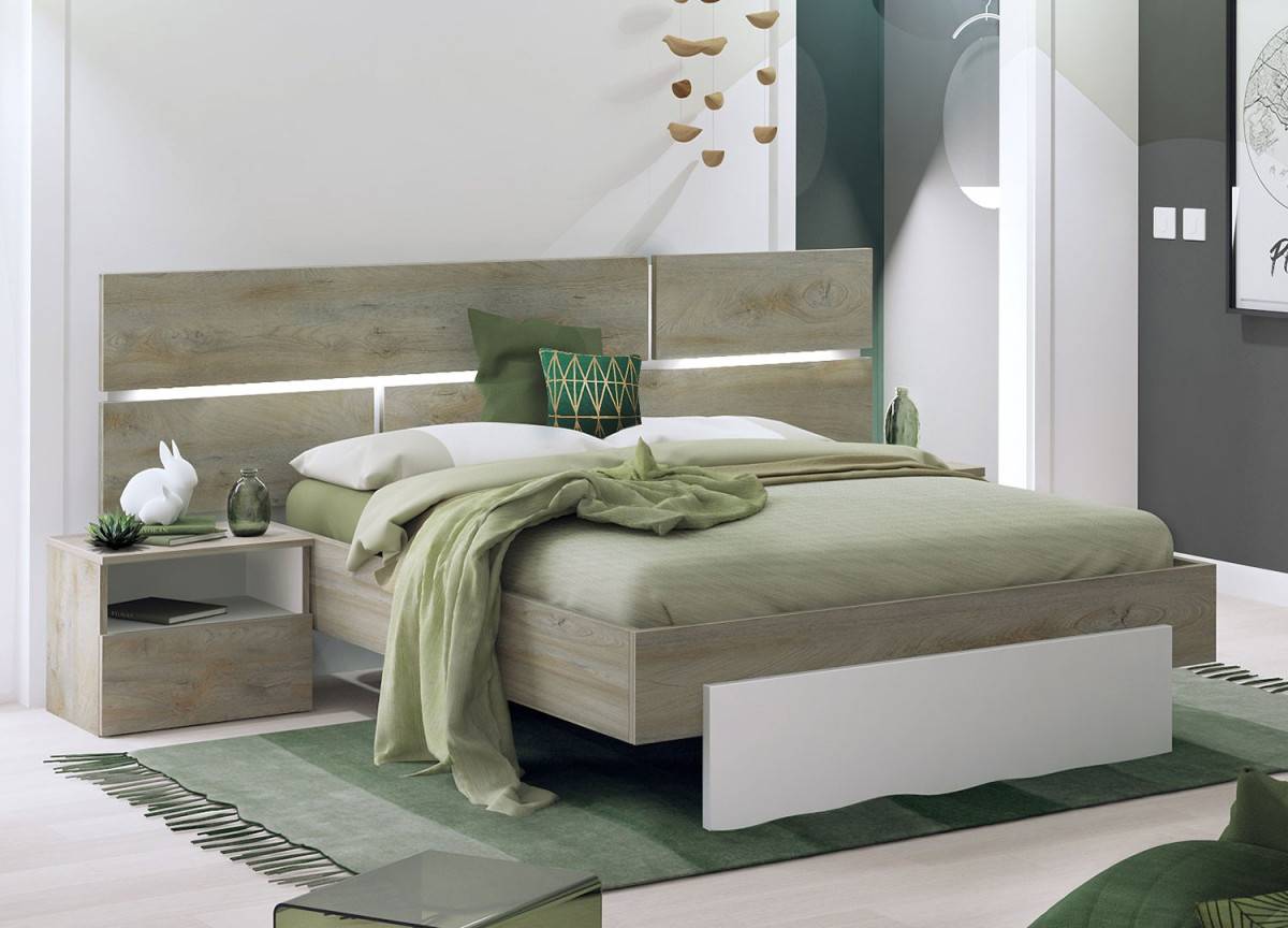 Lit double Moderne Blanc et Bois avec LED