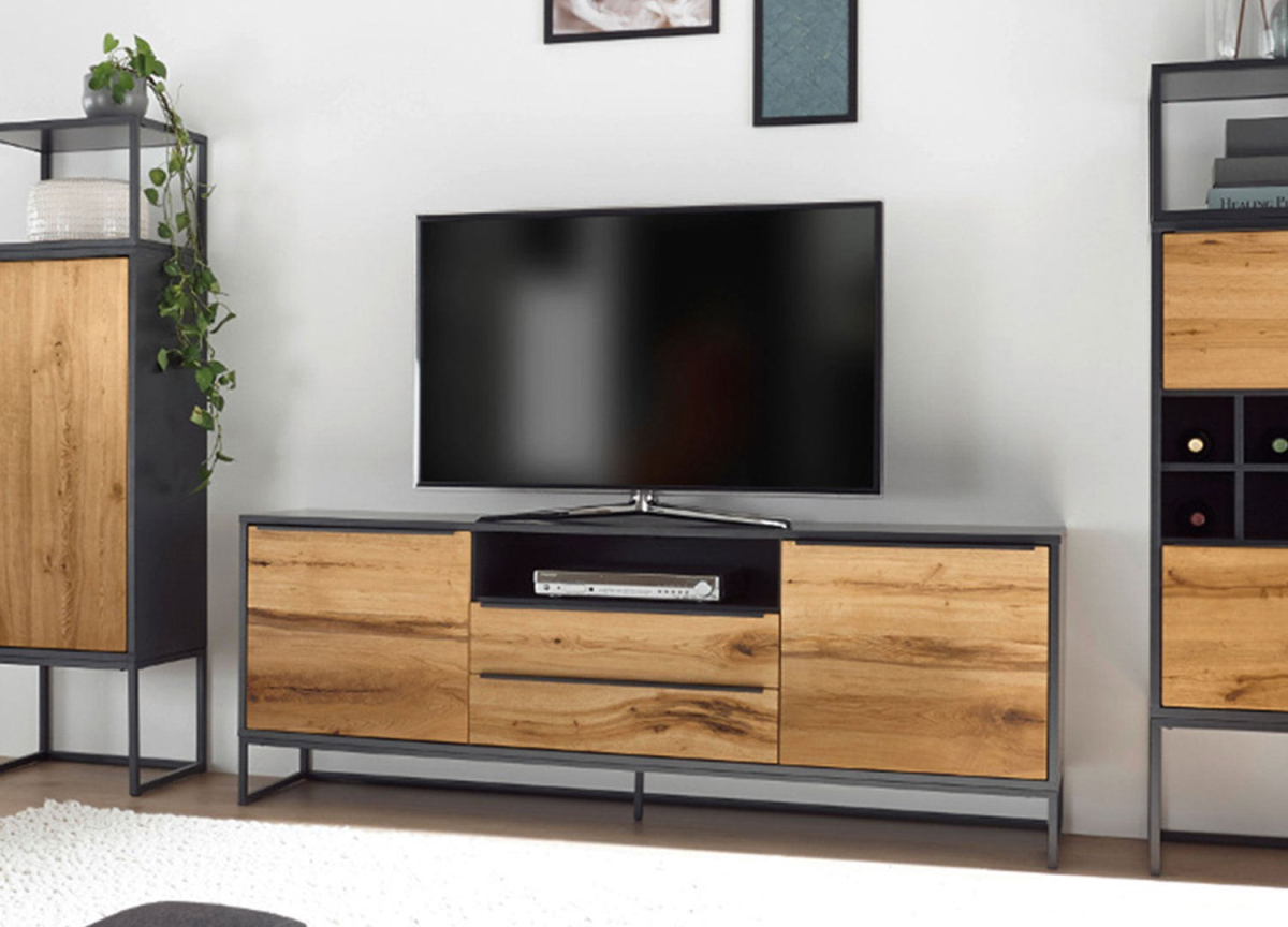 Meuble TV design bois sculpté et métal pour salon