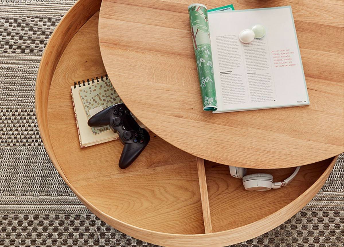 Table Basse Ronde Design - Rangement Bois et Acier Brossé