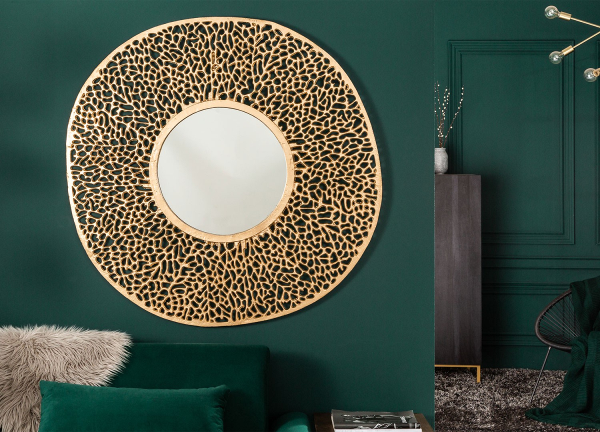 Grand miroir mural rond design doré pour déco