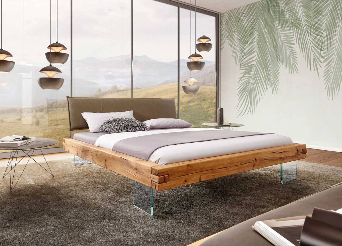 Lit Poutre en Chêne et Pieds en Verre