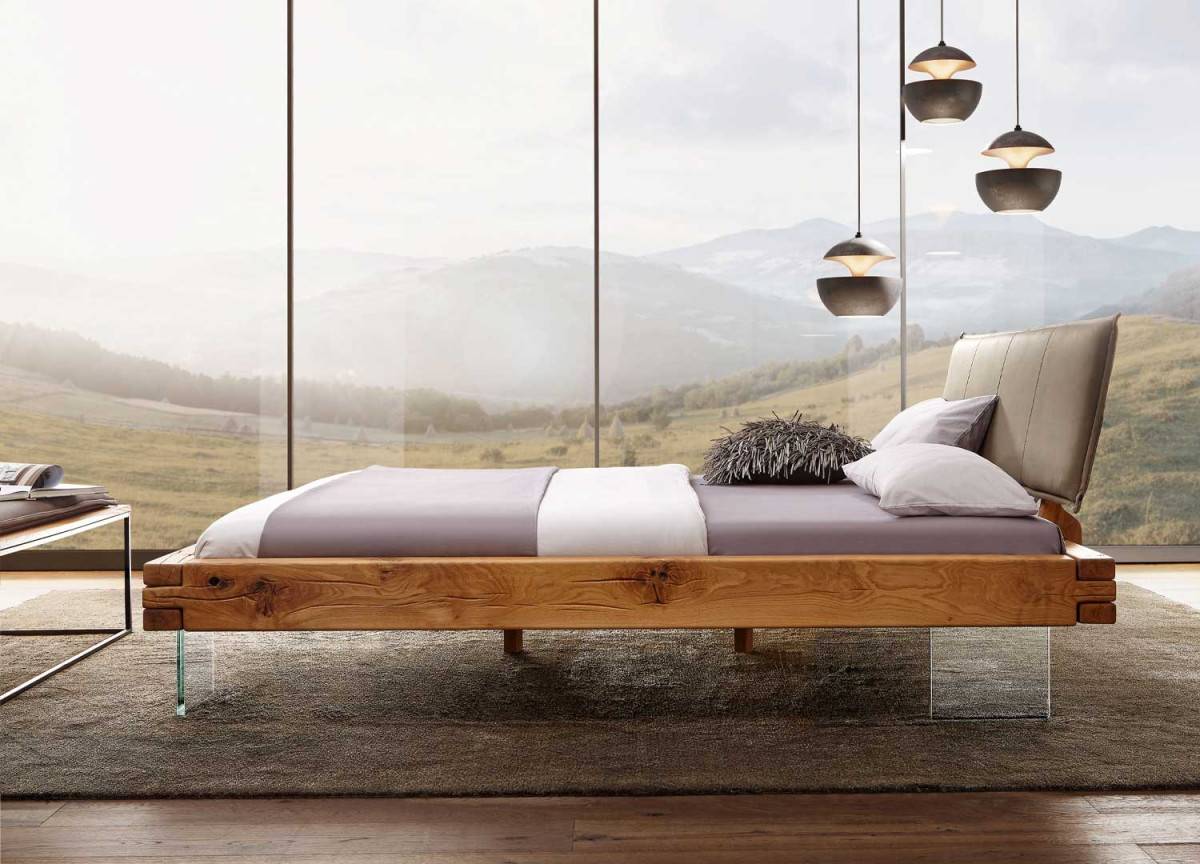 Lit Poutre en Chêne et Pieds en Verre