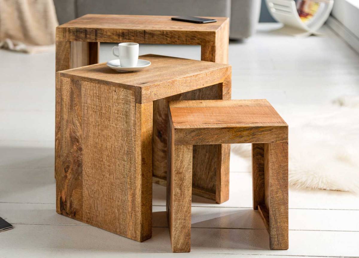 Lot 3 Tables Basses Emboîtables en Bois Massif