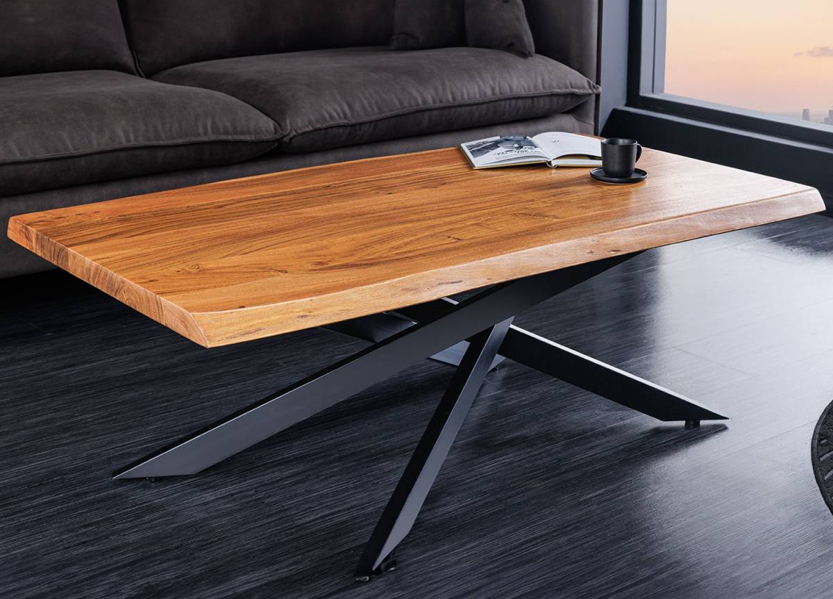 Table Basse Design Bois d'Acacia et Pieds Mikado