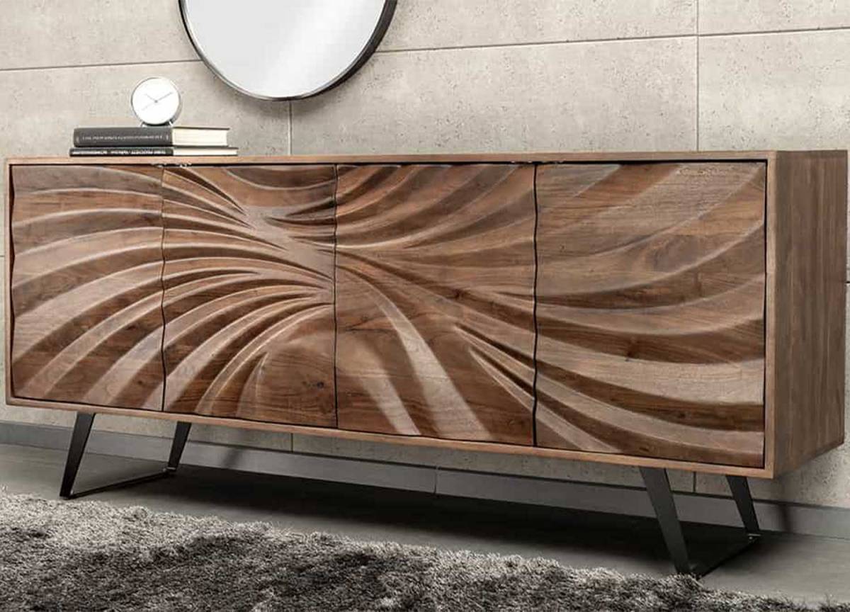 Buffet design en bois massif façade sculptée Calypso