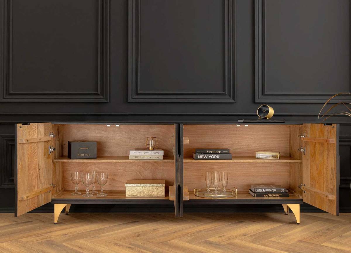 Buffet Bois de Manguier Noir et Doré - 4 portes