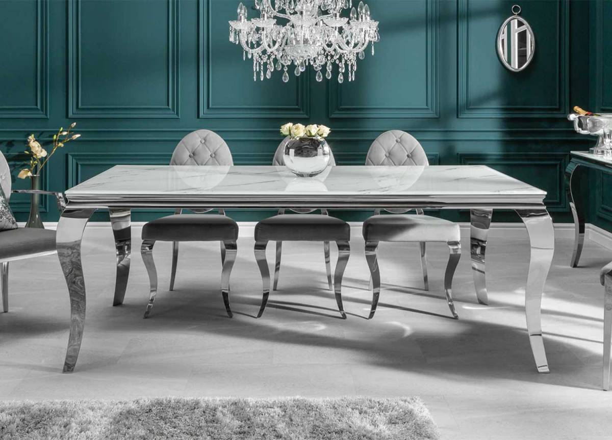 Table Plateau Impression Marbre, Pieds acier Poli Chromé