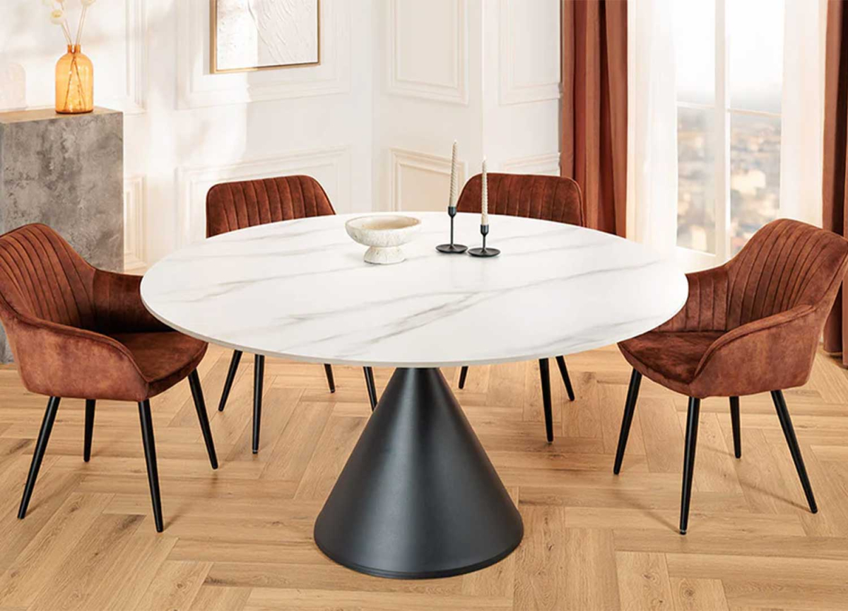 Table à Manger Ronde en Céramique Blanche effet Marbre